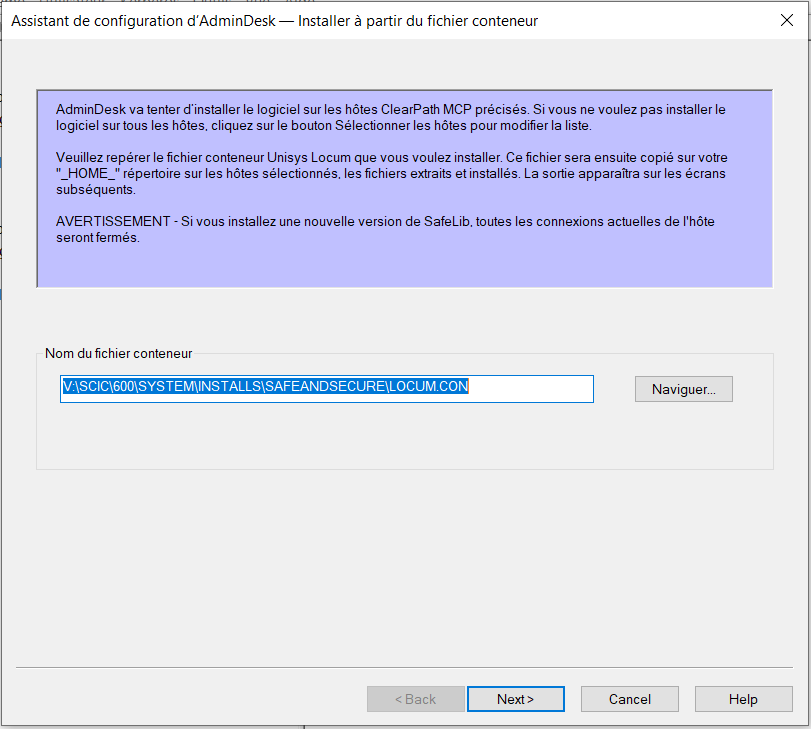 L’écran « Installation à partir d’un fichier conteneur
